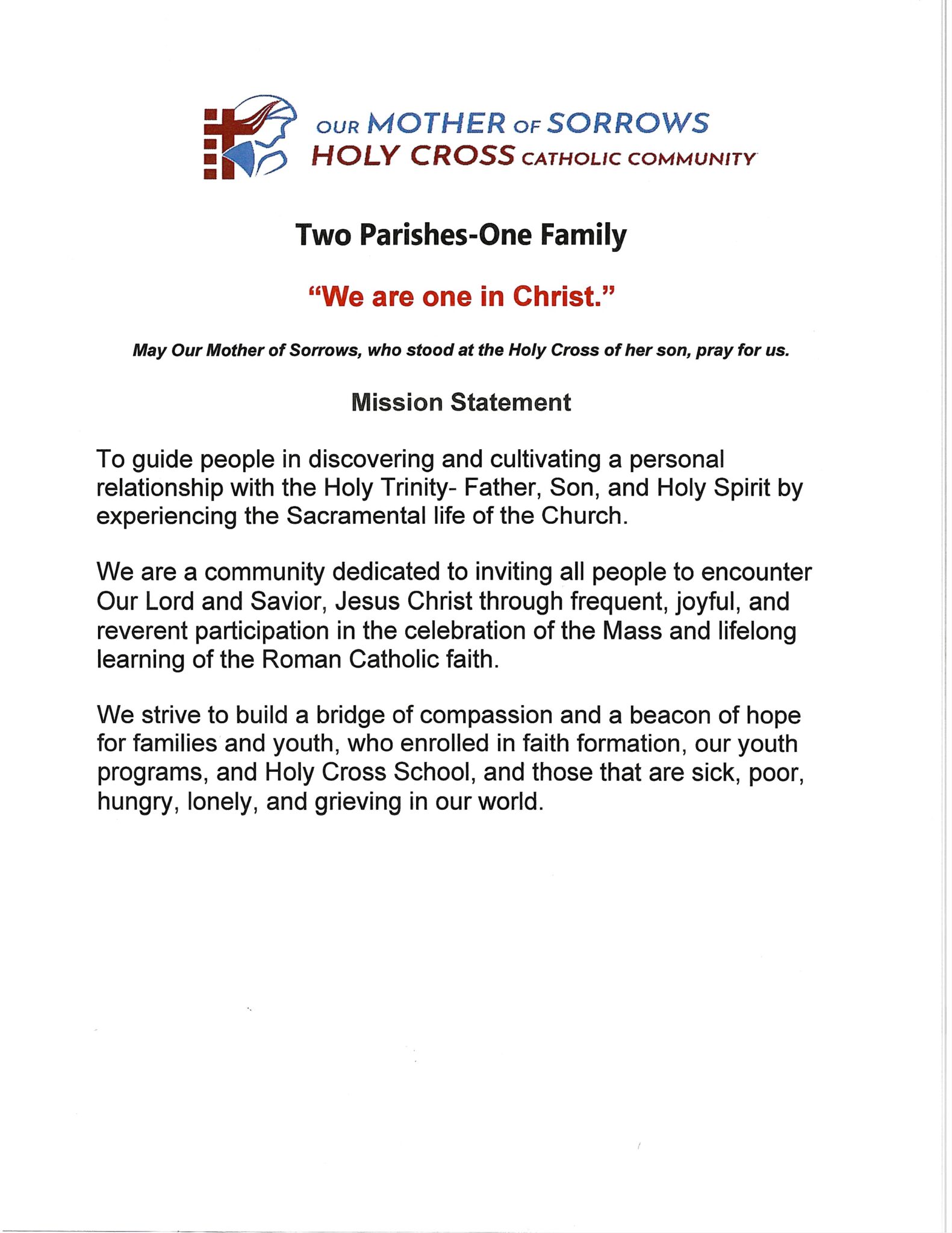 Mission Statement – Our Mother of Sorrows & Holy Cross Catholic Community